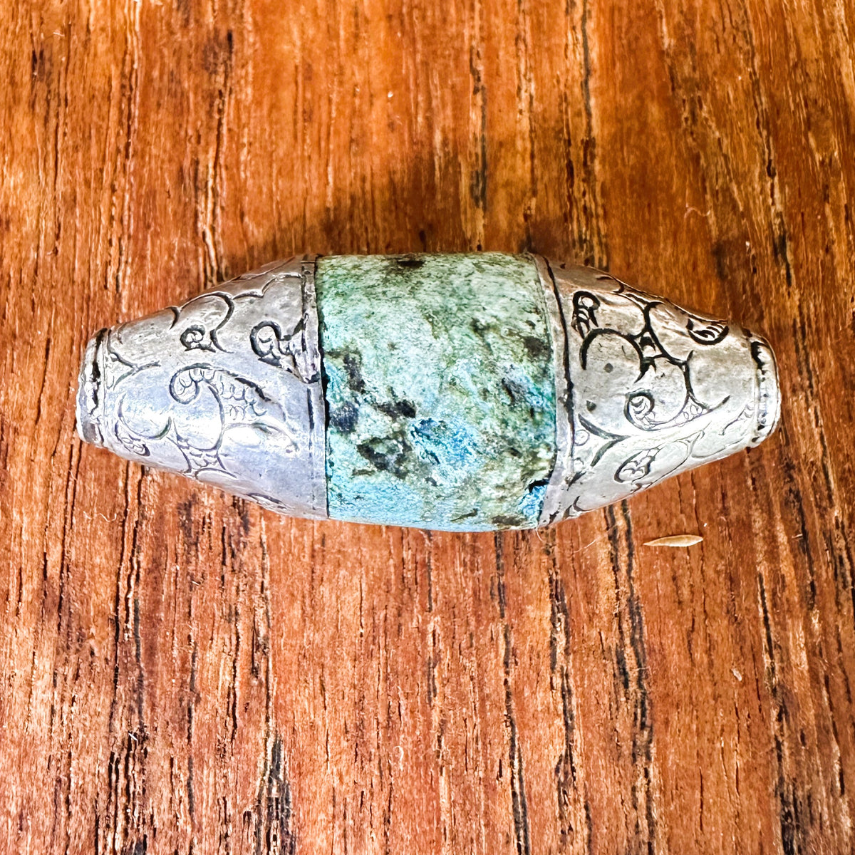 1 – 16x40mm Old Tibetan Natural Turquoise Bead with Silver Floral Repo ...